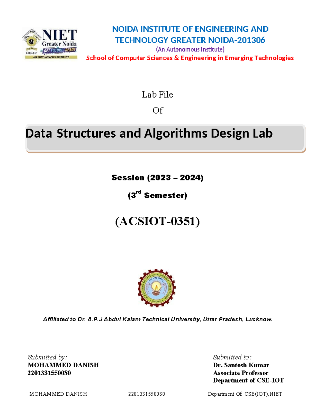 Lab Manual of dsa - Copy 4 Danish - MOHAMMED DANISH 2201331550080 Department Of CSE(IOT),NIET ...