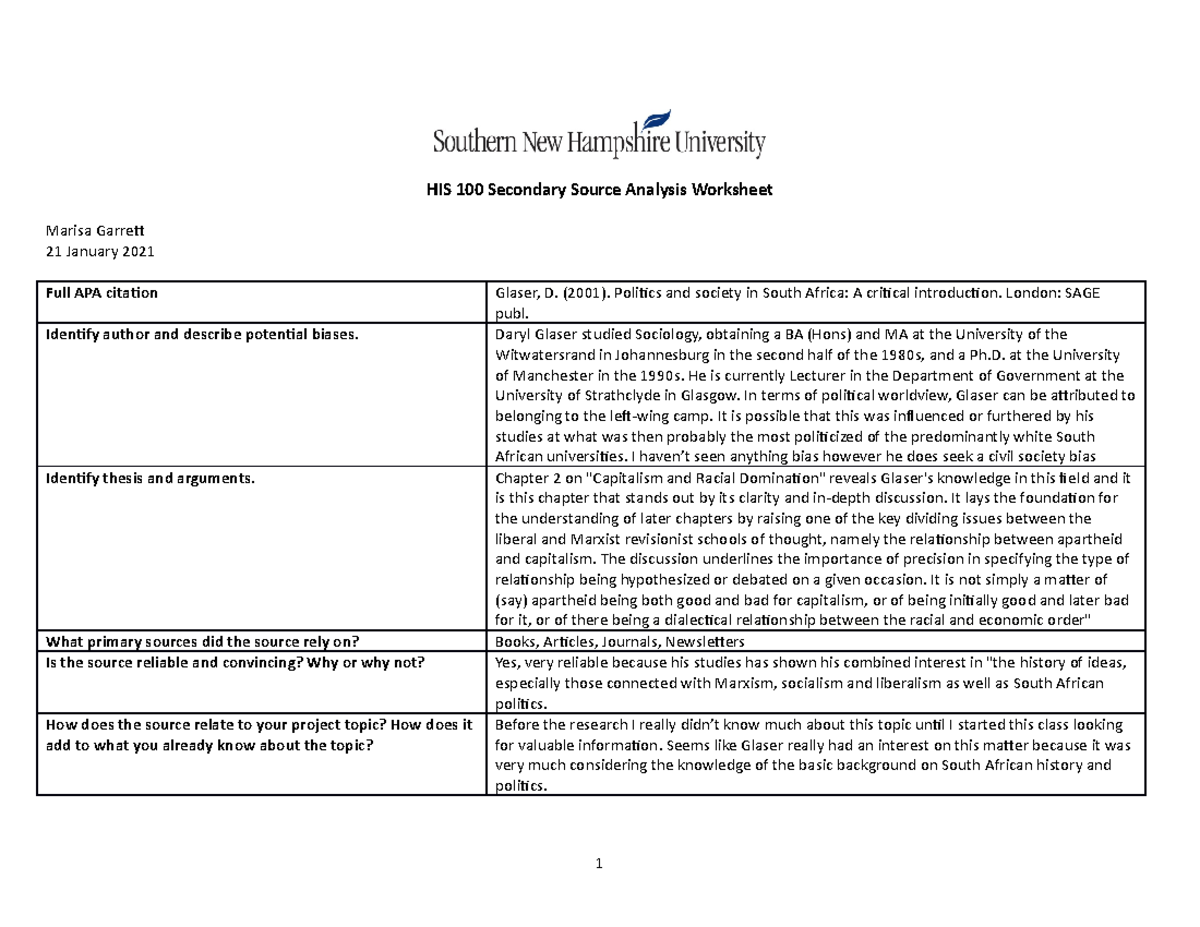 HIS 100 Secondary Worksheet-MLG - HIS 100 Secondary Source Analysis ...