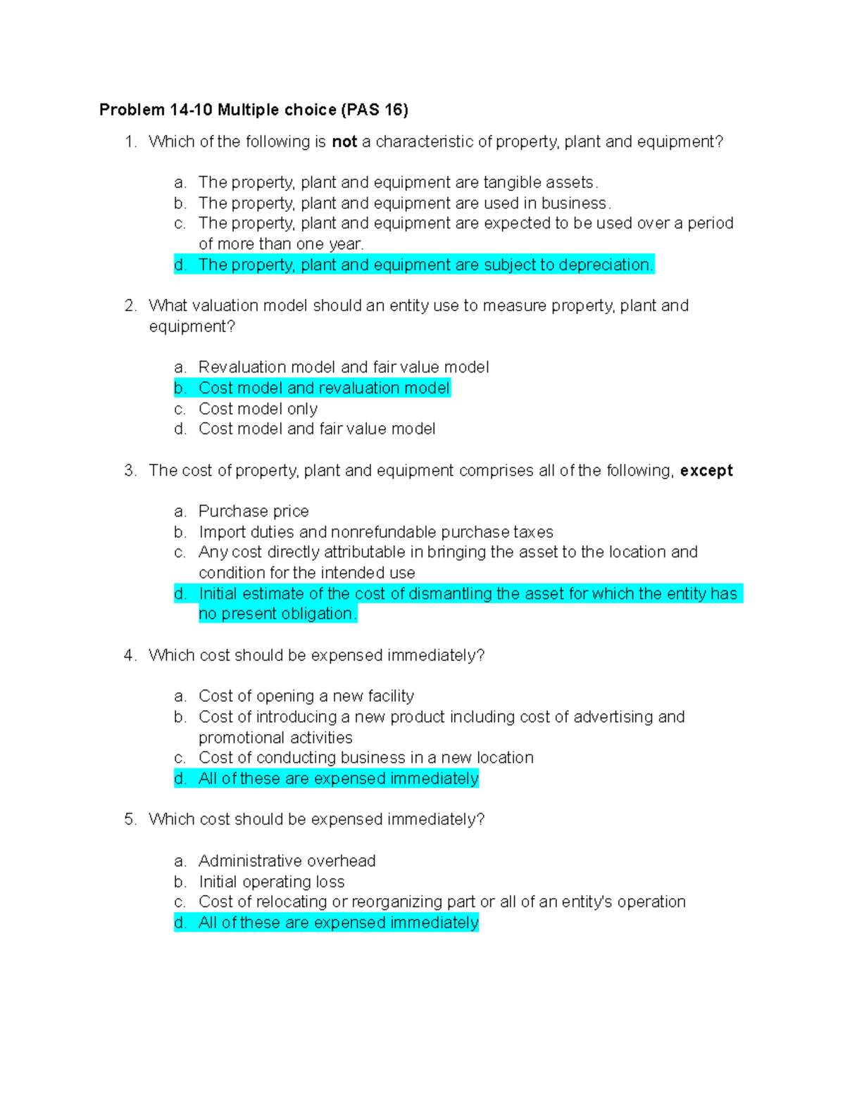 Activity on PAS 16,20,23 PFRS 6 - Problem 14-10 Multiple choice (PAS 16 ...