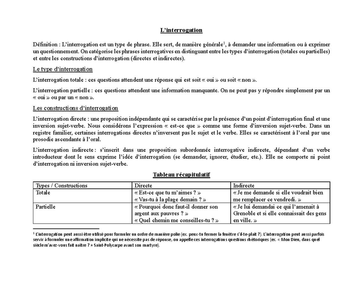 L'interrogation (programme de première) - L’interrogation Définition ...
