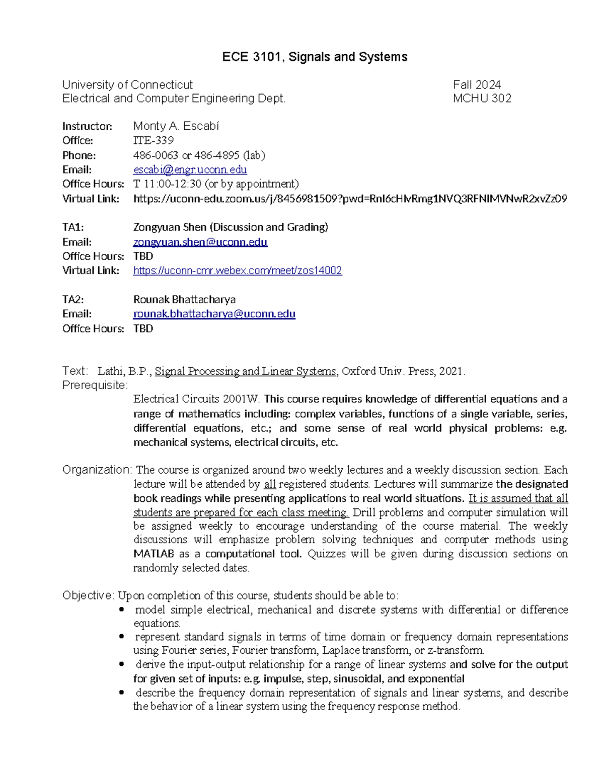 Syllabus Fall 2024 - ECE 3101, Signals and Systems University of ...