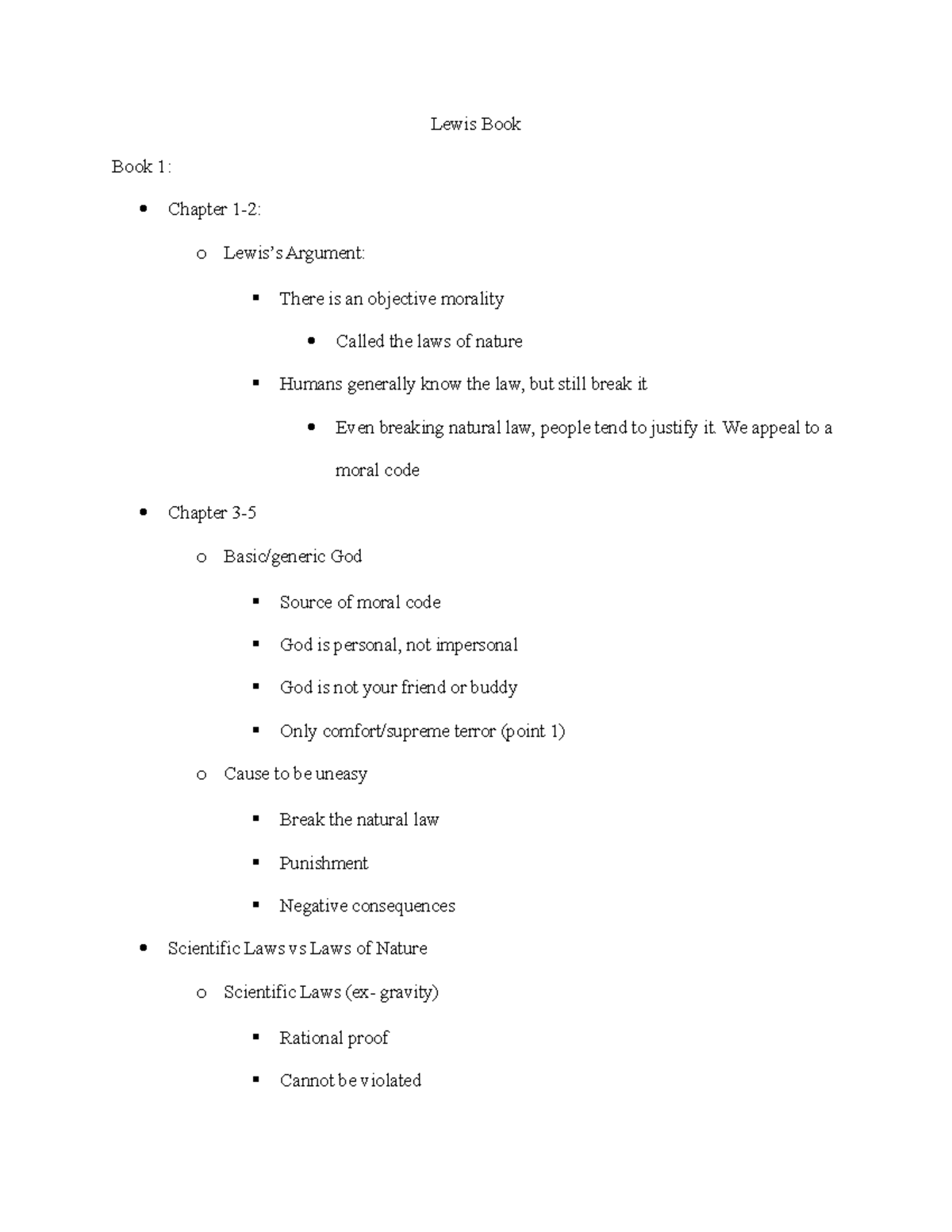 Lewis Notes - Lewis Book Book 1: Chapter 1-2: o Lewis’s Argument: There ...