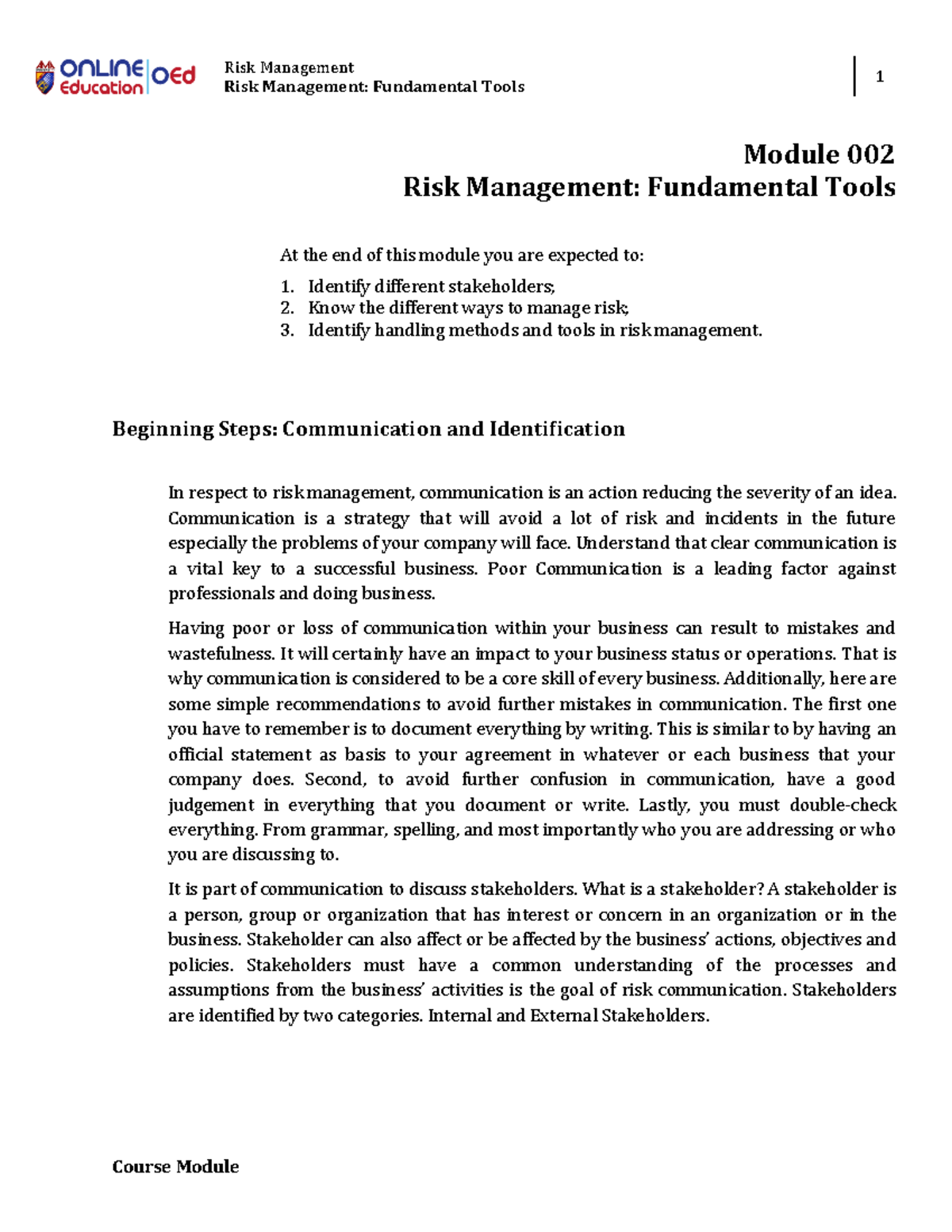 Module 002 Risk Management Fundamental Tools - Risk Management Risk ...