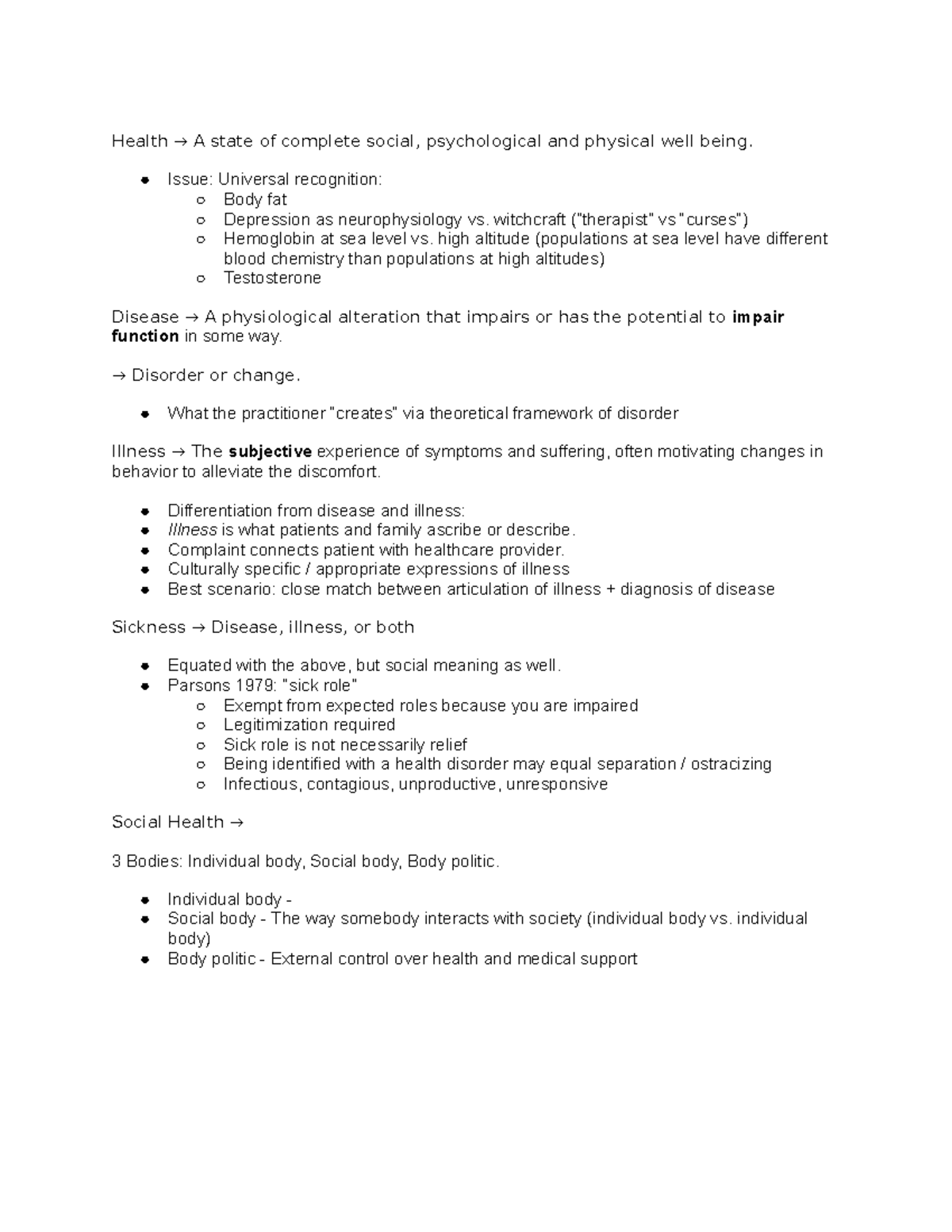 Biomed notes 3 - aronsen - Health → A state of complete social ...