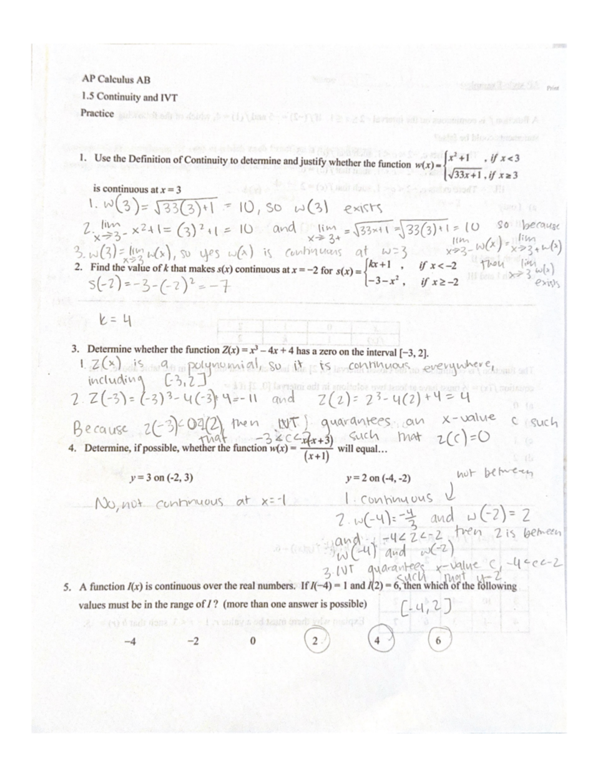 Continuity and IVT - n/a - AP Calculus AB Print 1 Continuity and IVT ...