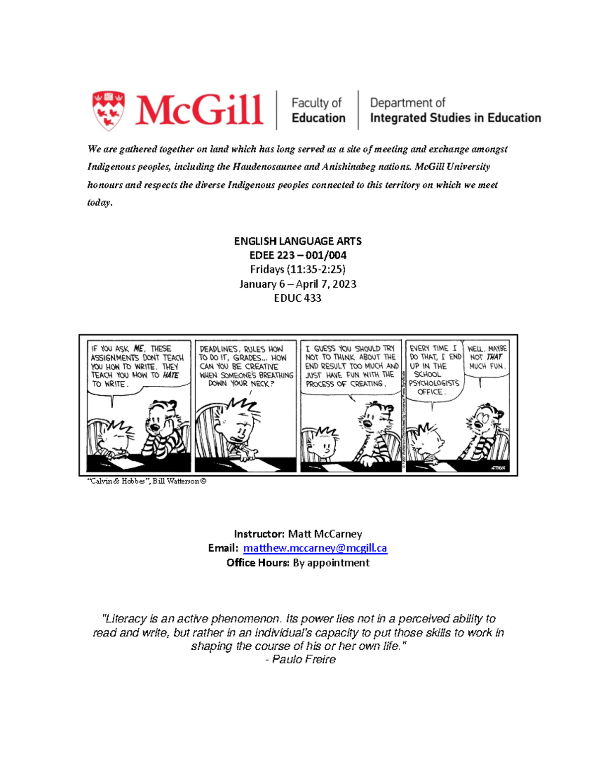 EDEE 223 Outline - We are gathered together on land which has long ...