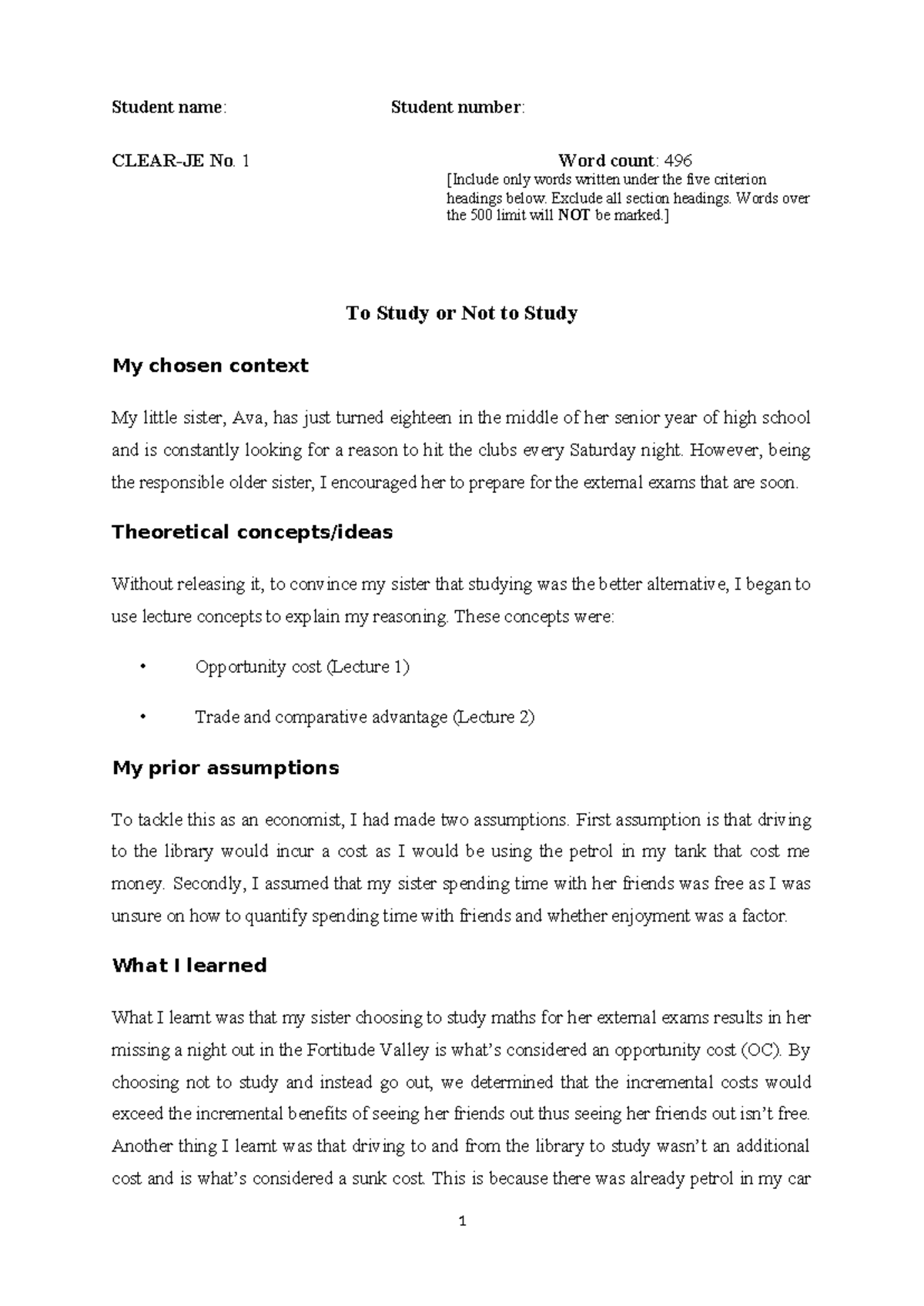 Clear-JE 1 - Reflection 1 - Student name: Student number: CLEAR-JE No. 1 Word count: 496 ...