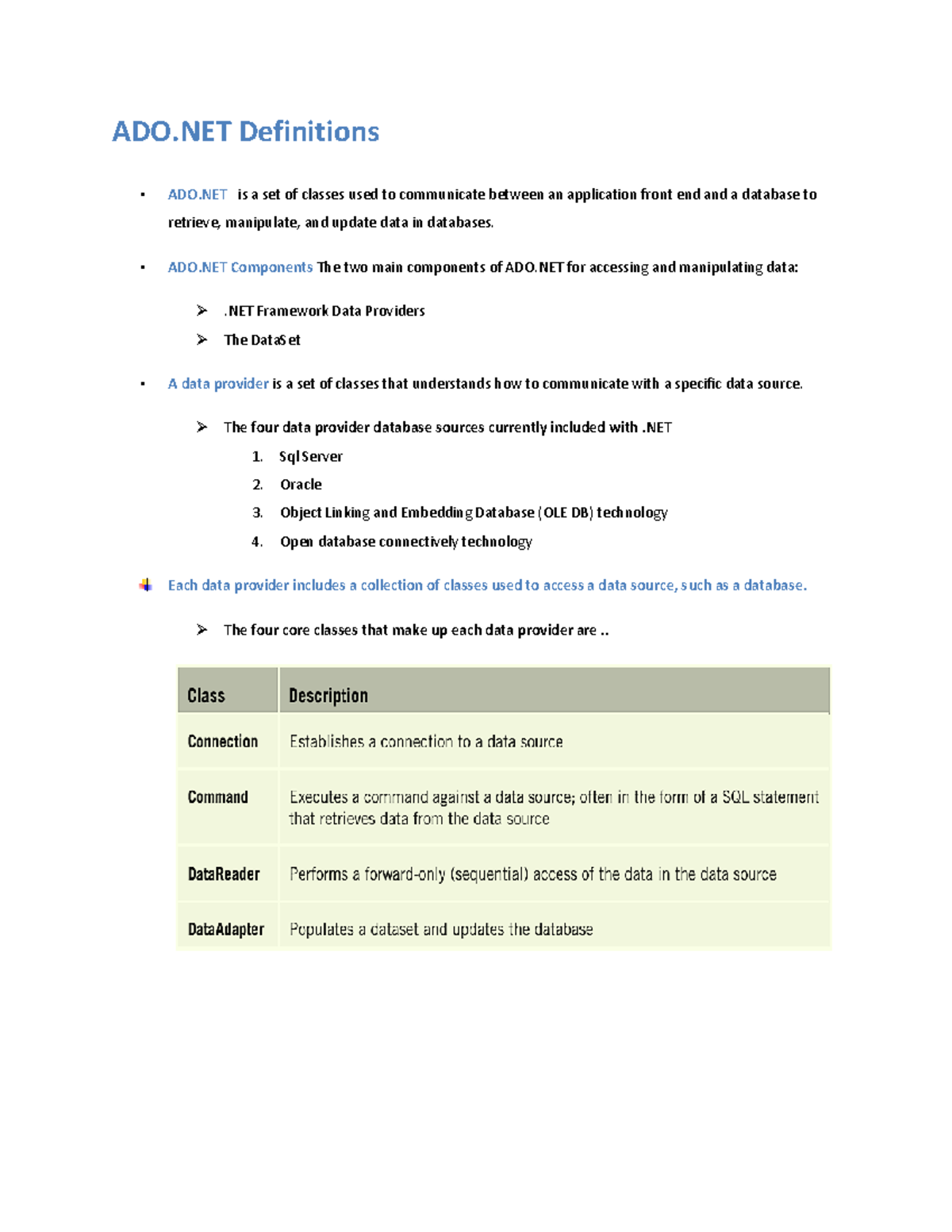 C# Definitions - C# Notes - ADO Definitions • ADO is a set of classes ...