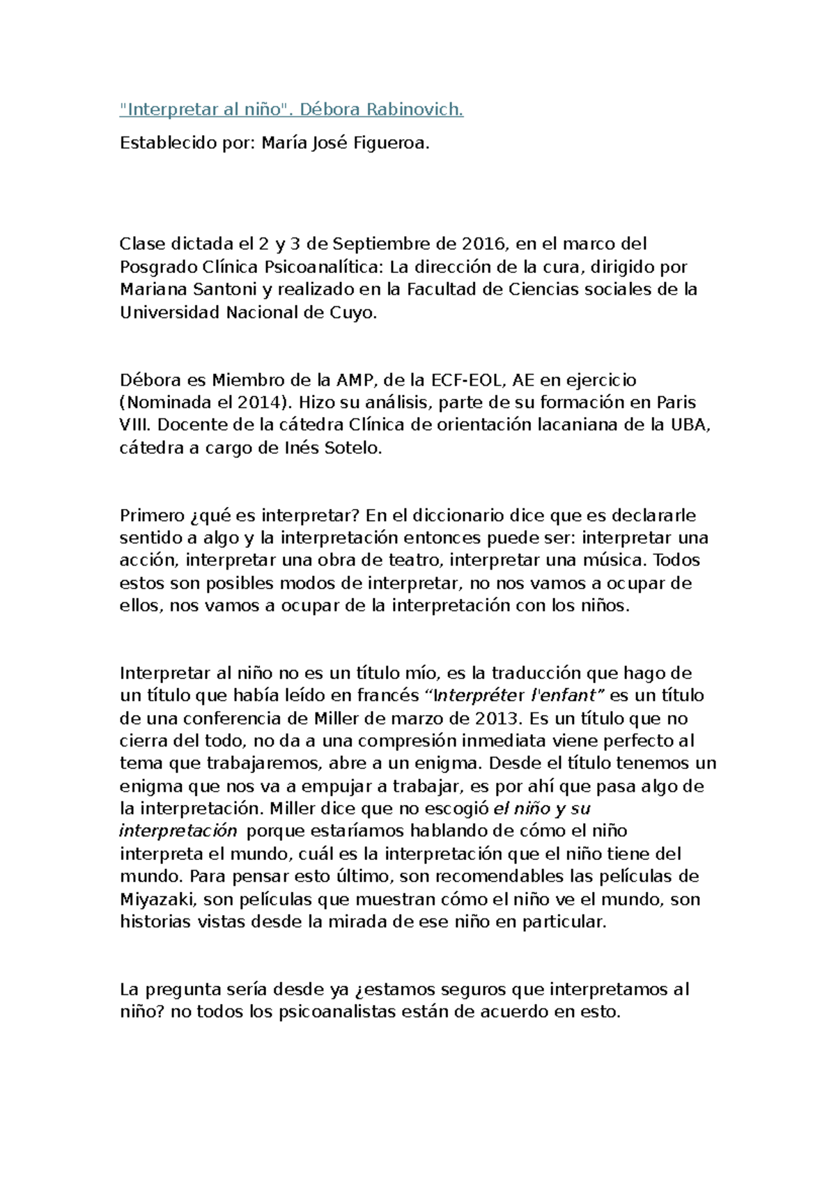Interpretar al niño - Trabajo Práctico - "Interpretar al niño". Débora ...