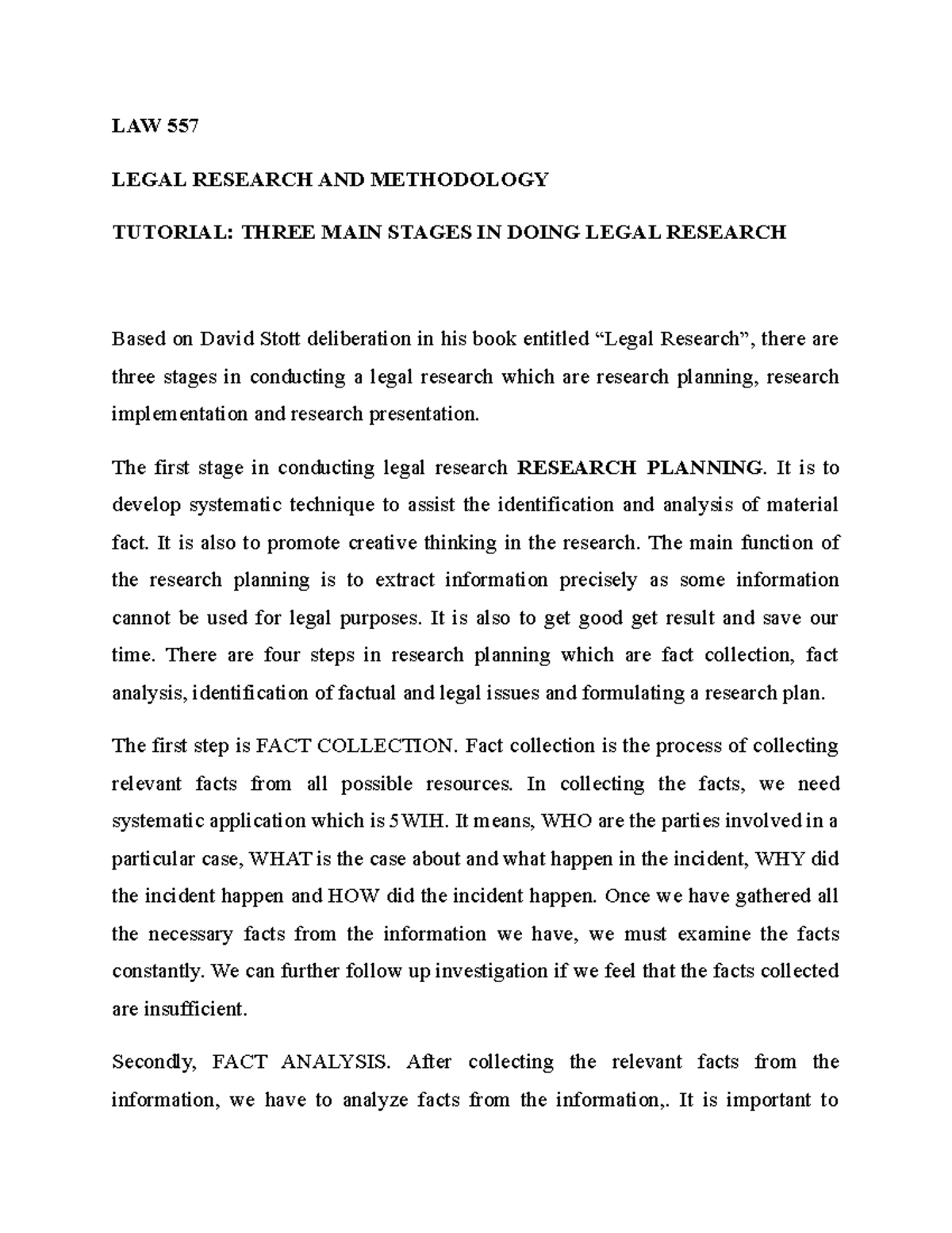 LAW 557 LEGAL RESEARCH METHODOLOGY - LAW 557 LEGAL RESEARCH AND ...