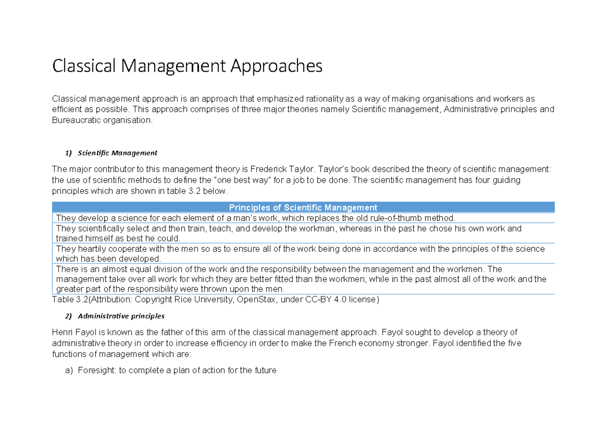 Management notes - Classical Management Approaches Classical management ...