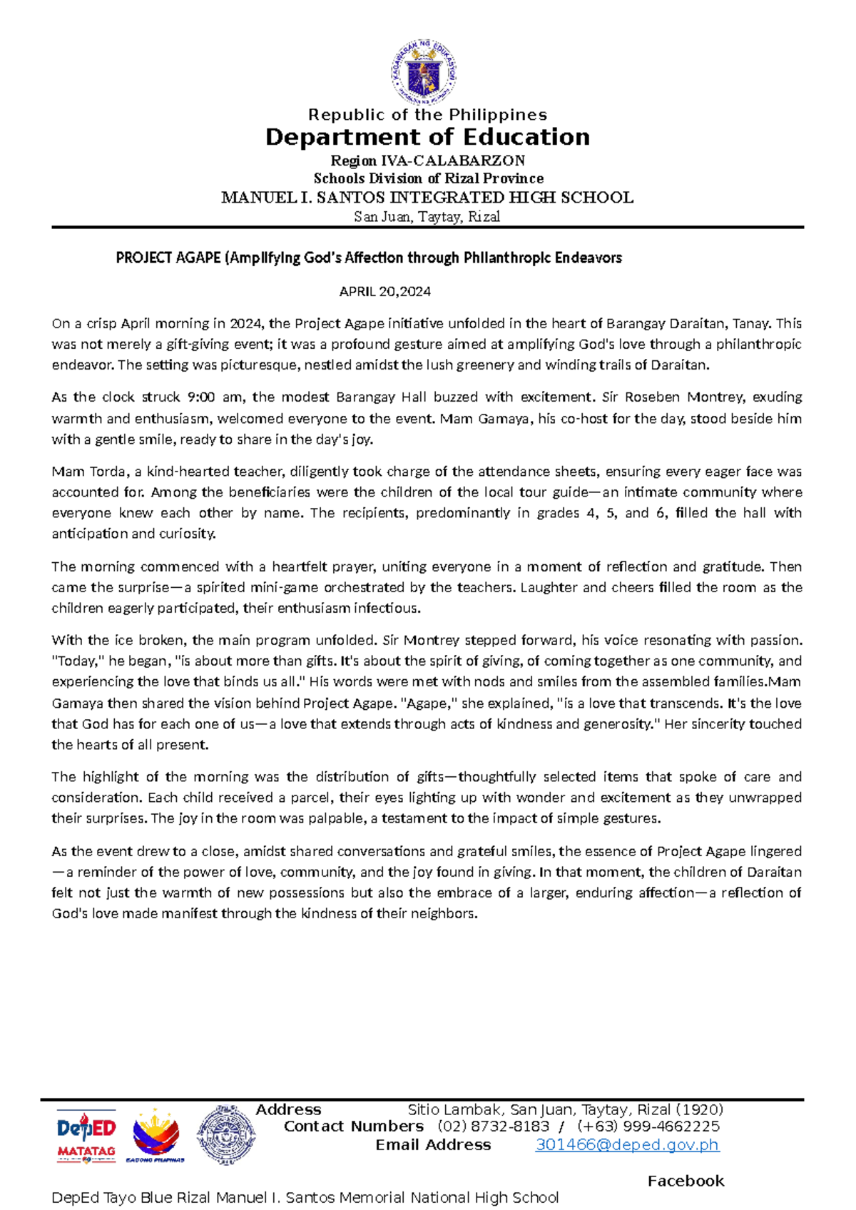 Project Agape - Sample narrative report - Republic of the Philippines ...