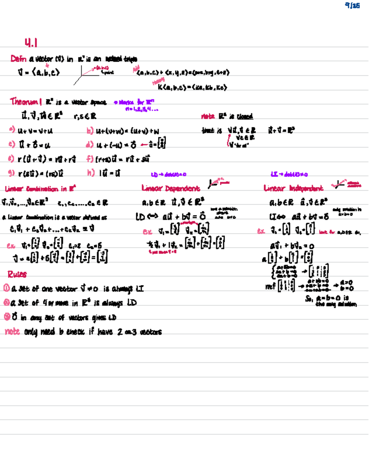 DELA CH4 Linear Combination in R3 - Linear DependentLinear Independent2 vectors - 9 125 4. 1 Def ...