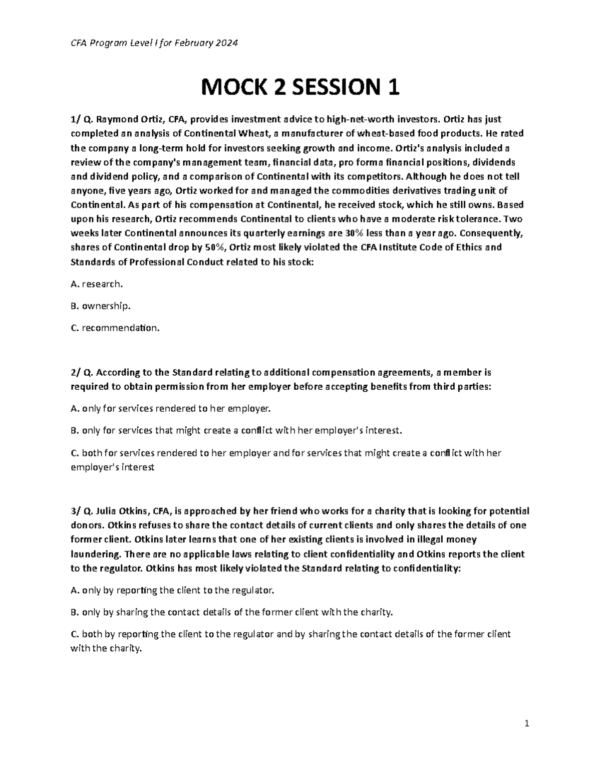 MOCK 2 Session 1 - rrrere - MOCK 2 SESSION 1 1/ Q. Raymond Ortiz, CFA ...