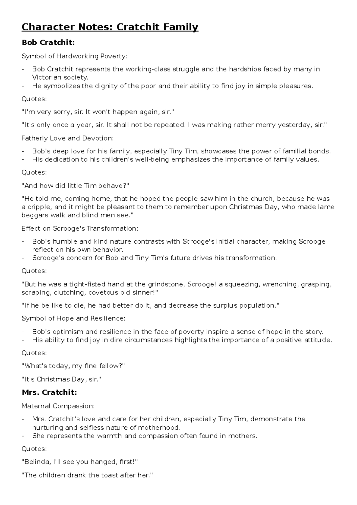 A Christmas Carol Character Notes - Cratchit Family - Character Notes ...