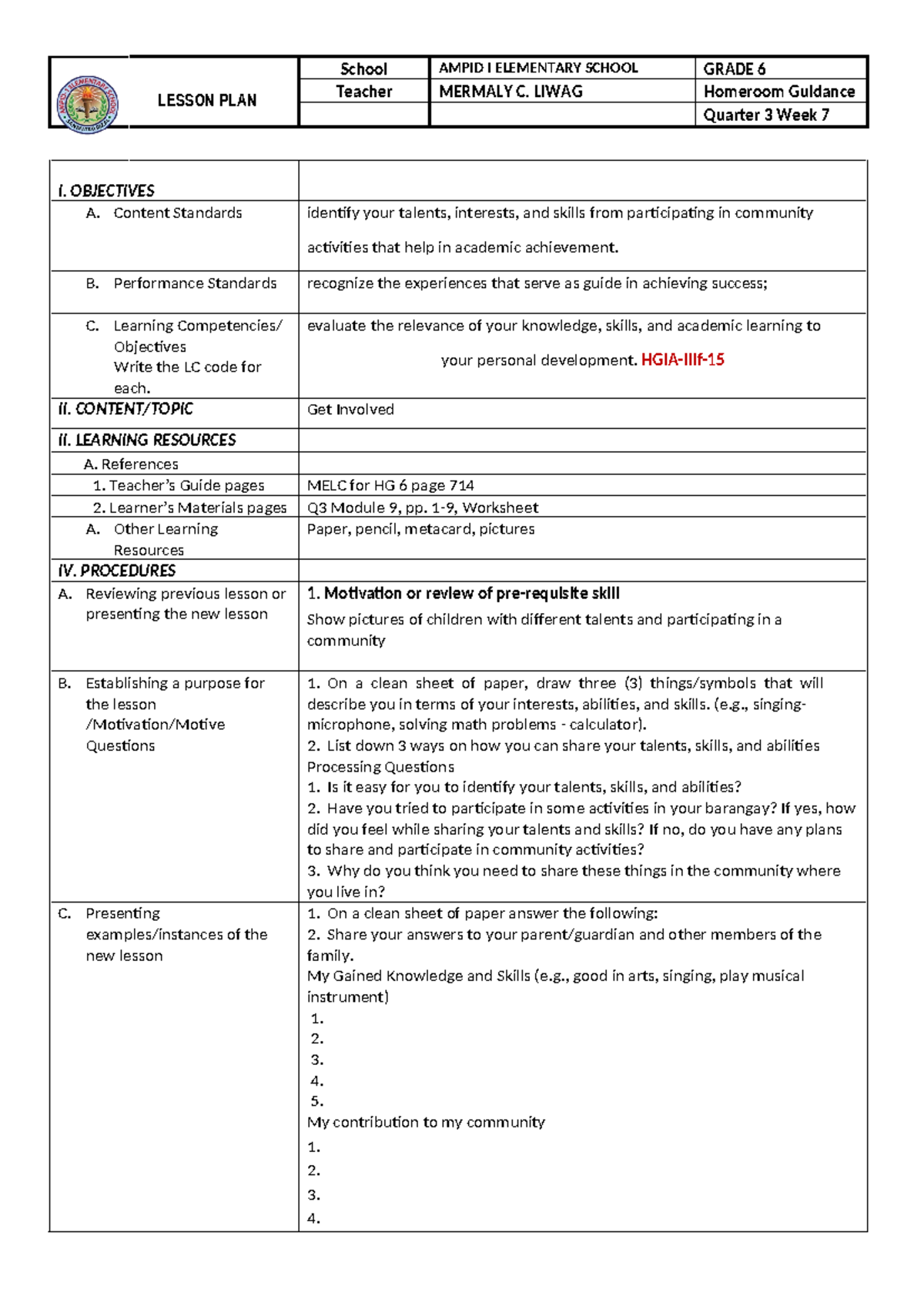 HG LP grade 6 3rd quarter - LESSON PLAN School AMPID I ELEMENTARY ...