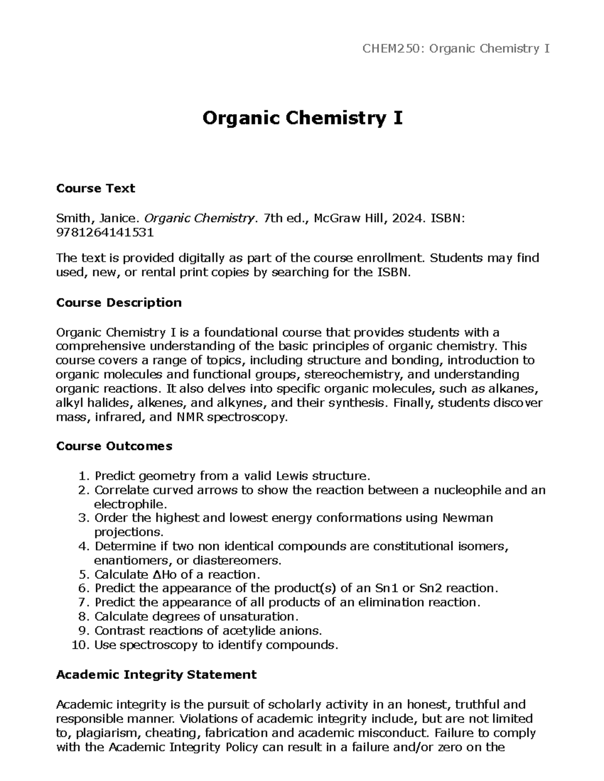 O chem syllabus - o chem course outline - CHEM250: Organic Chemistry I ...