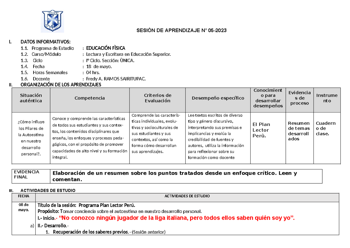 Sesion EDUC. Fìsica I° Ciclo - SESIÒN DE APRENDIZAJE N° 05- I. DATOS INFORMATIVOS: 1. Programa ...