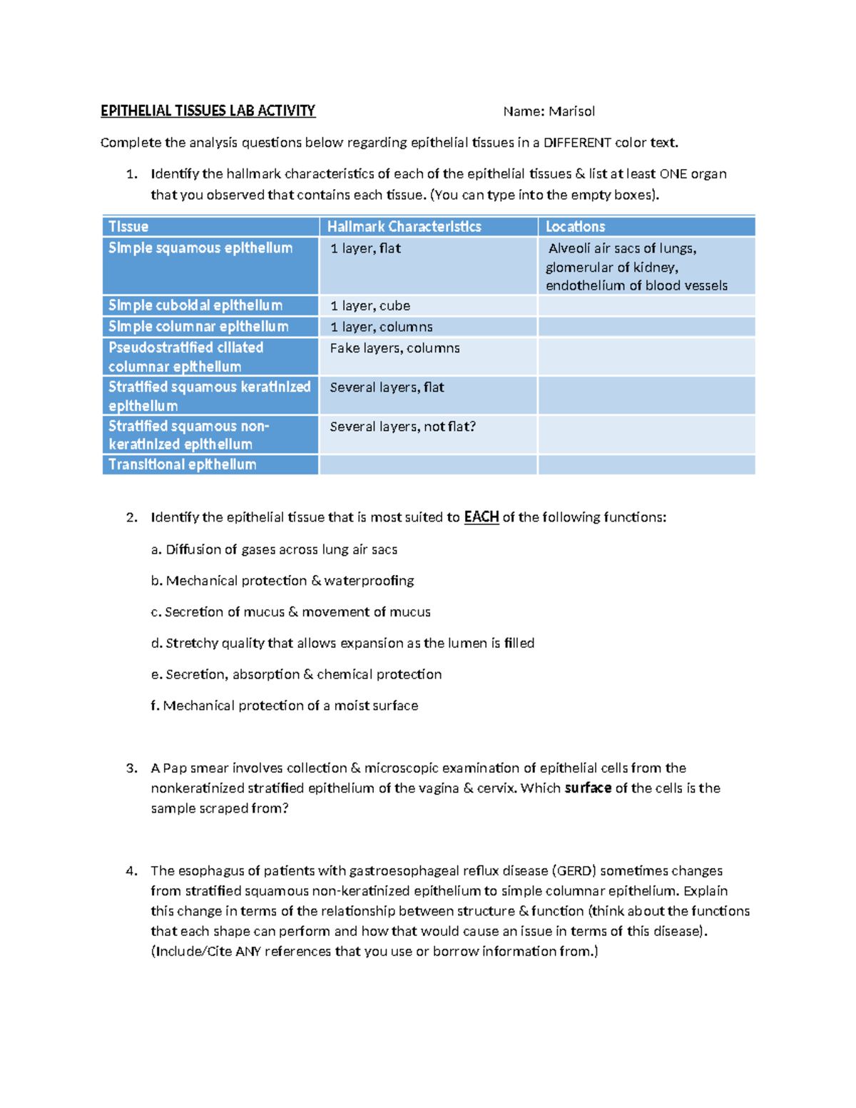 Lab 4 Epithelial Tissues Lab Activity - EPITHELIAL TISSUES LAB ACTIVITY ...