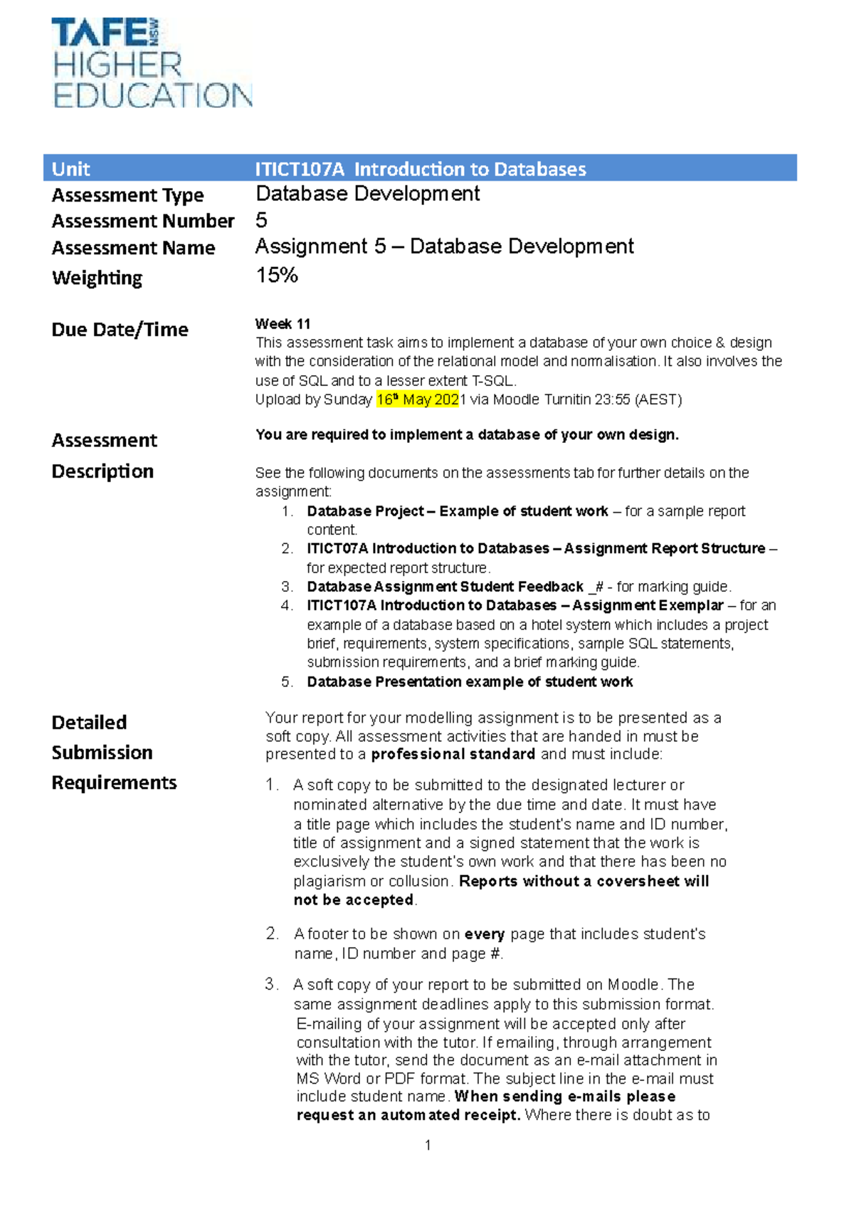 Assessment Brief A5 2020S2 - Unit ITICT107A Introduction to Databases Assessment Type Database ...