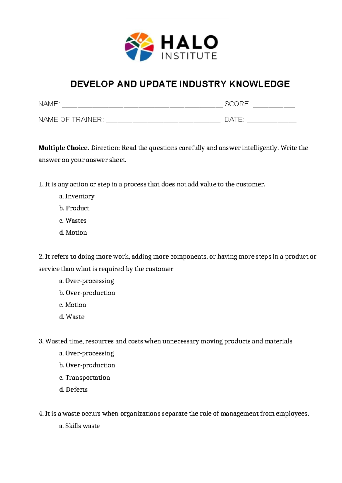 Institutional Assessment Common - DEVELOP AND UPDATE INDUSTRY KNOWLEDGE ...