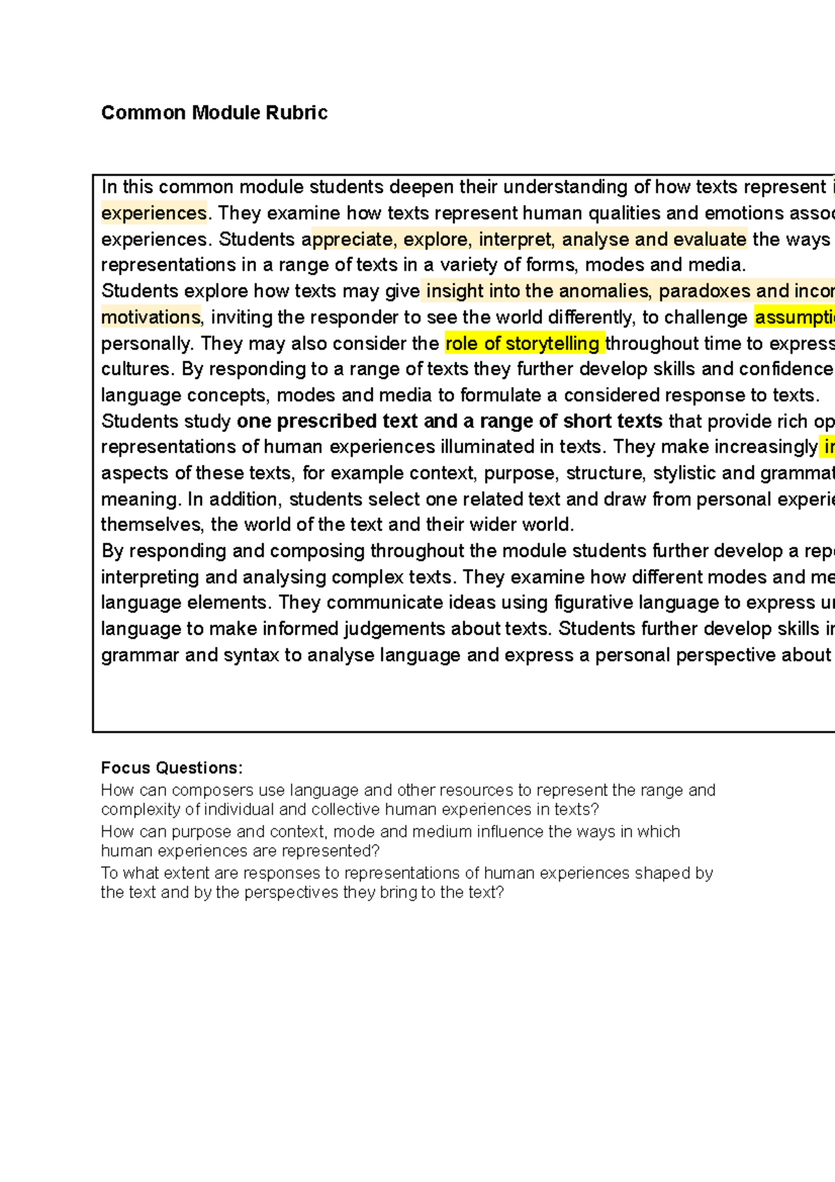 english adv Common Module Rubric - Common Module Rubric In this common ...