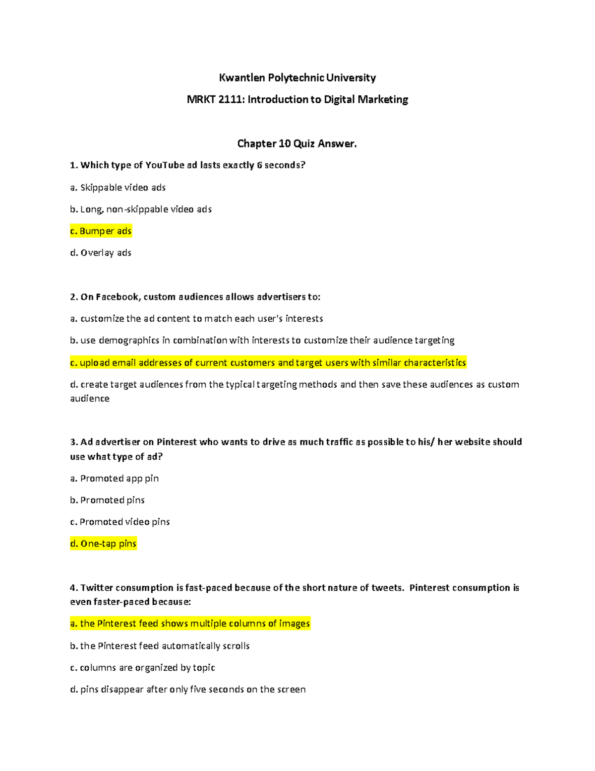 MRKT chapter 10 quiz - practice quiz - Kwantlen Polytechnic University ...