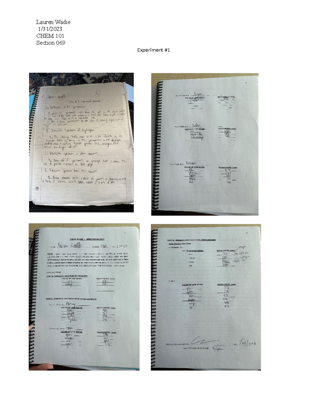 Lab report #1 spectroscopy - 1/31/ CHEM 101 Section 069 Experiment #1 ...