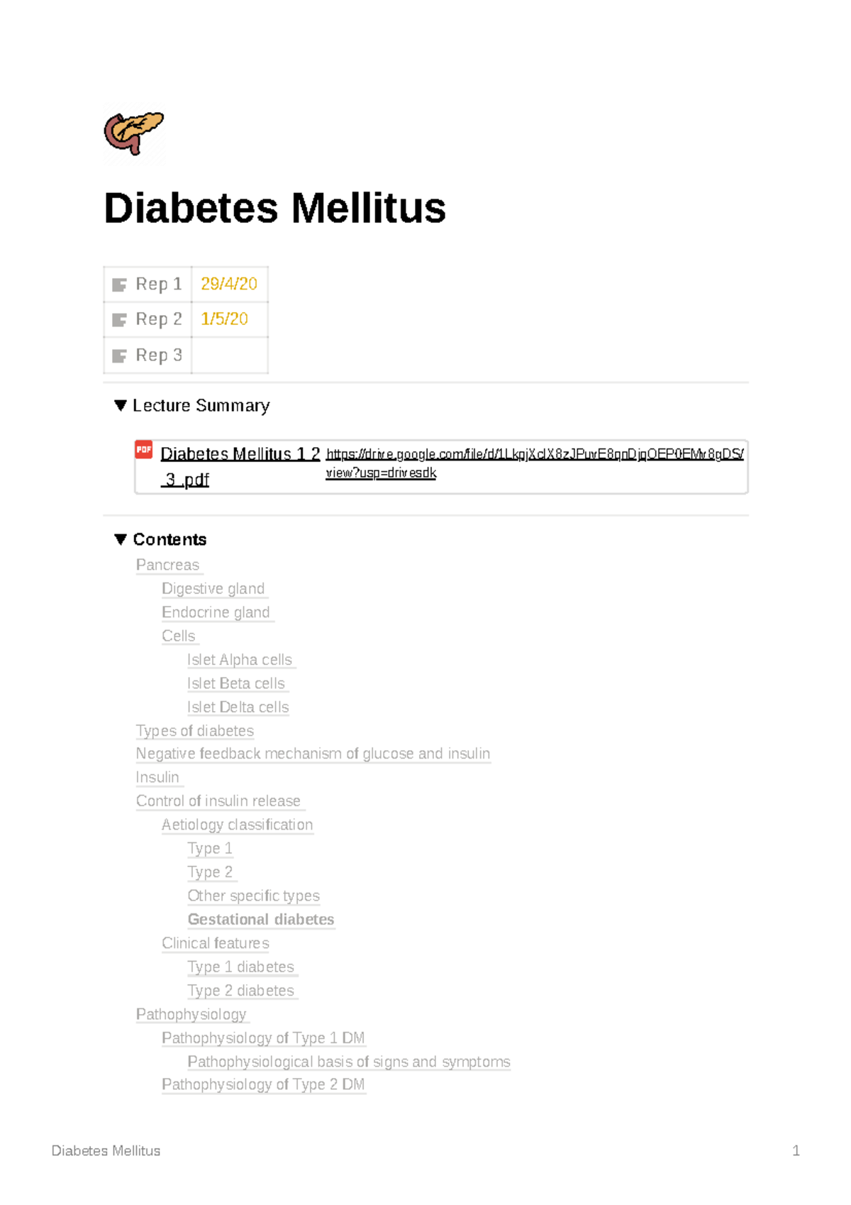 Diabetes Mellitus - Lecture notes 1 - Diabetes Mellitus Rep 1 29/4/ Rep ...