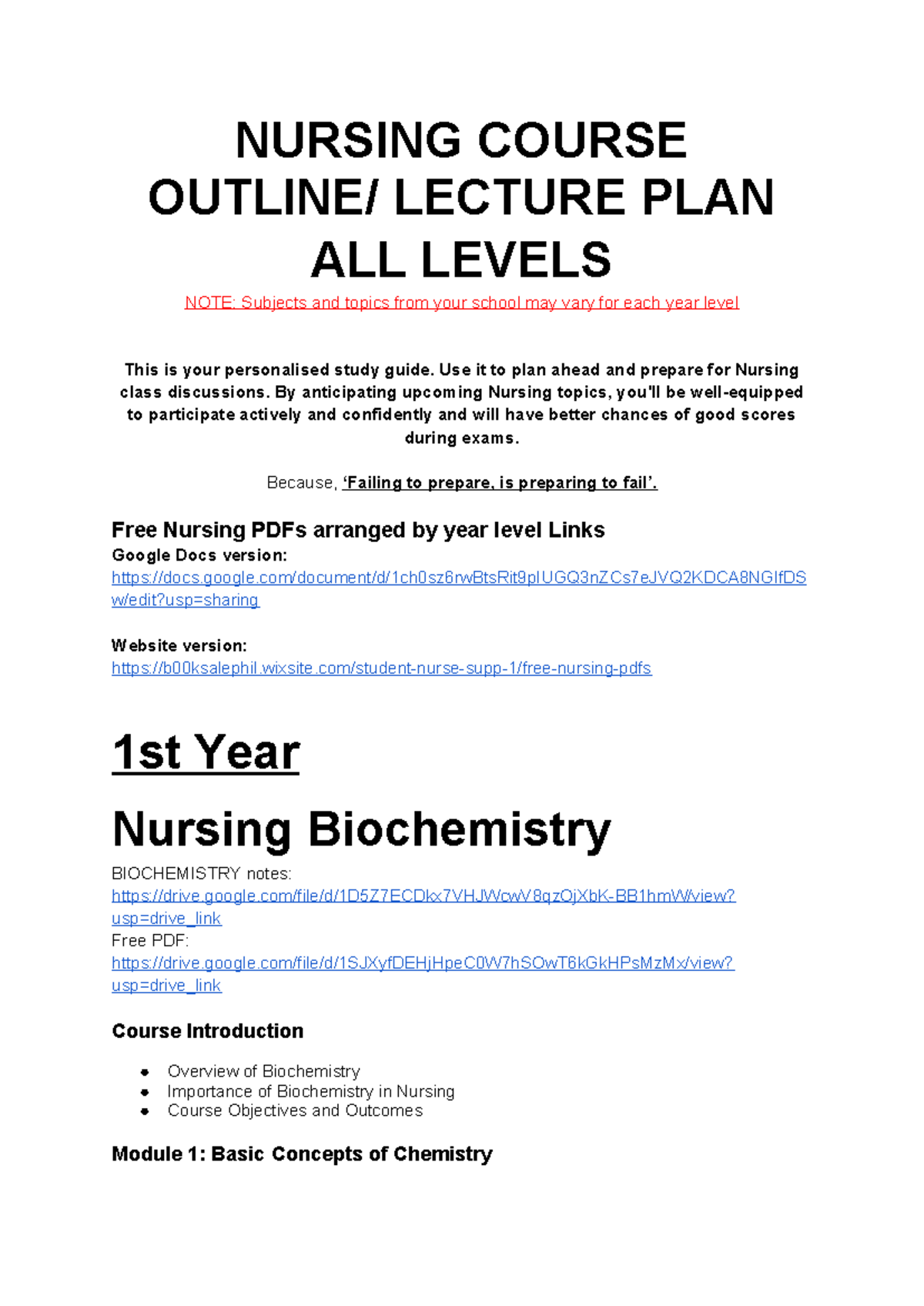 Nursing Lecture Outline (All Levels) - NURSING COURSE OUTLINE/ LECTURE PLAN ALL LEVELS NOTE ...