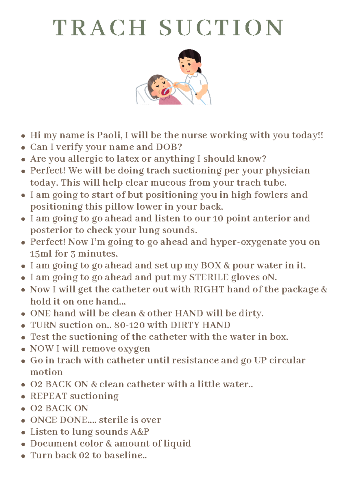 Trach Suction & Trach Care CPE - T R A C H S U C T I O N Hi my name is ...