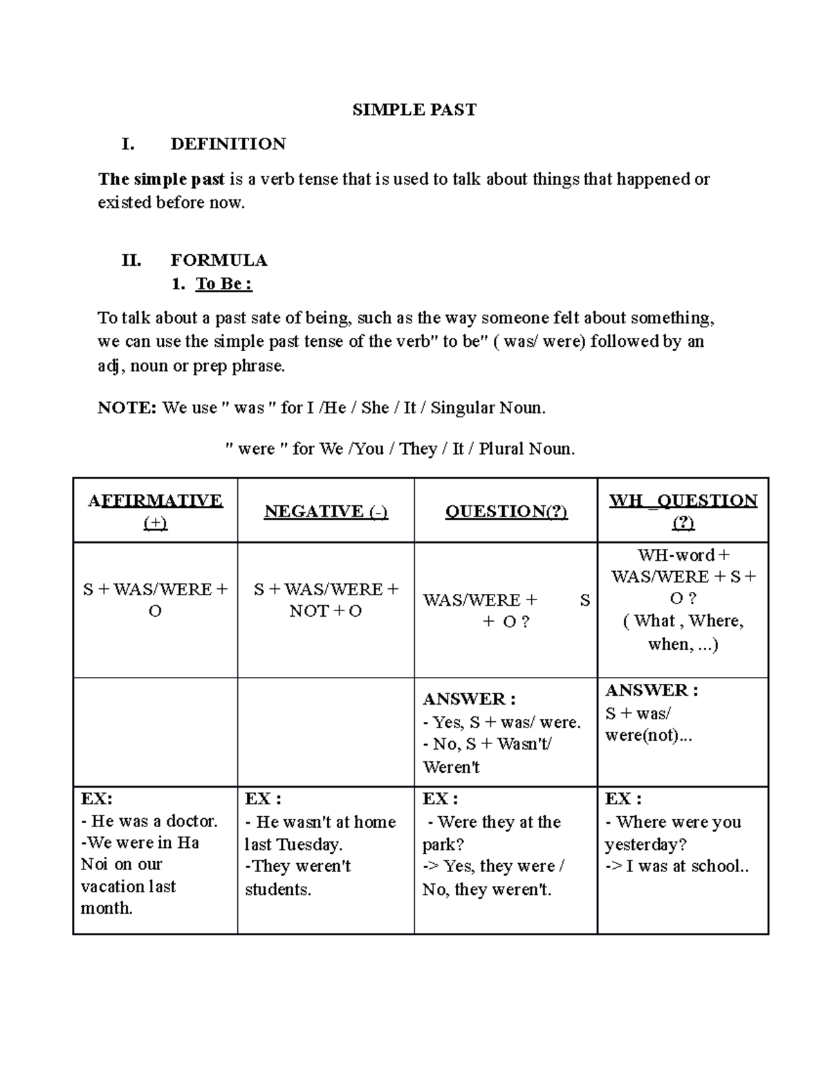 Simple Past - SIMPLE PAST I. DEFINITION The simple past is a verb tense ...