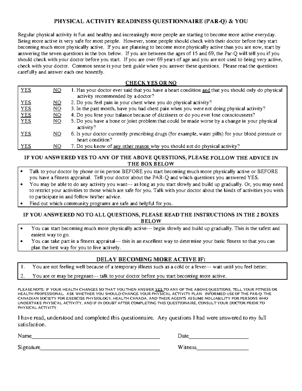 Physical Activity Readiness Questionnaire - PHYSICAL ACTIVITY READINESS ...