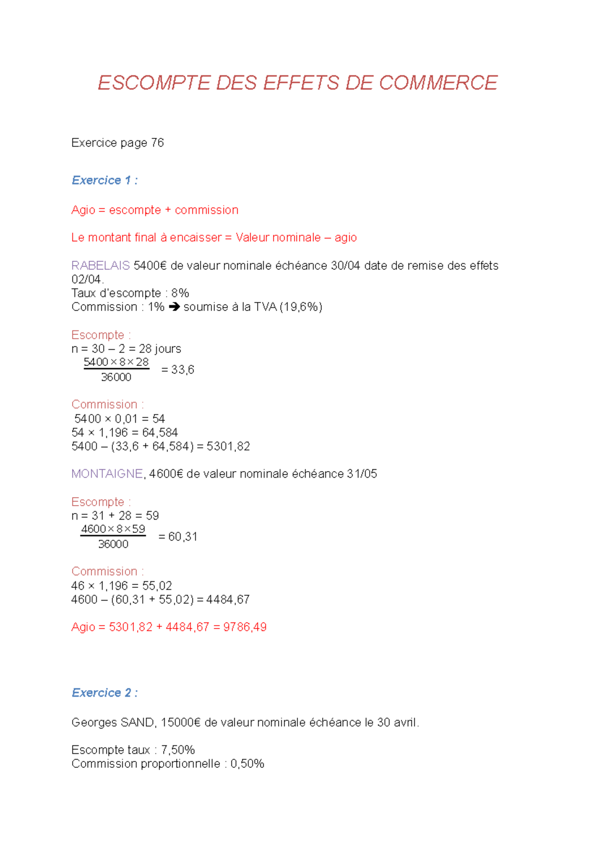 TD n°2 Escompte DES Effets DE Commerce - ESCOMPTE DES EFFETS DE COMMERCE Exercice page 76 ...