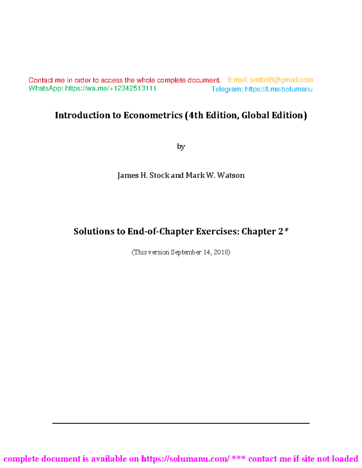 Solution Manual Introduction to Econometrics 4th Global Edition by James Stock - Introduction to ...
