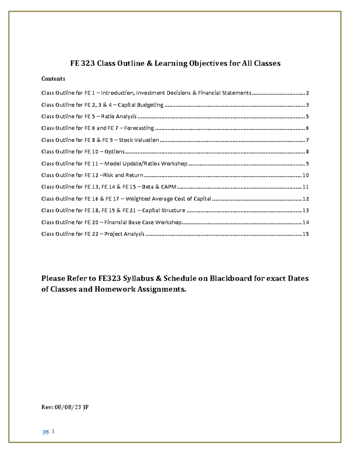 2023 Fall FE323 Class Learning Objectives - FE 323 Class Outline ...