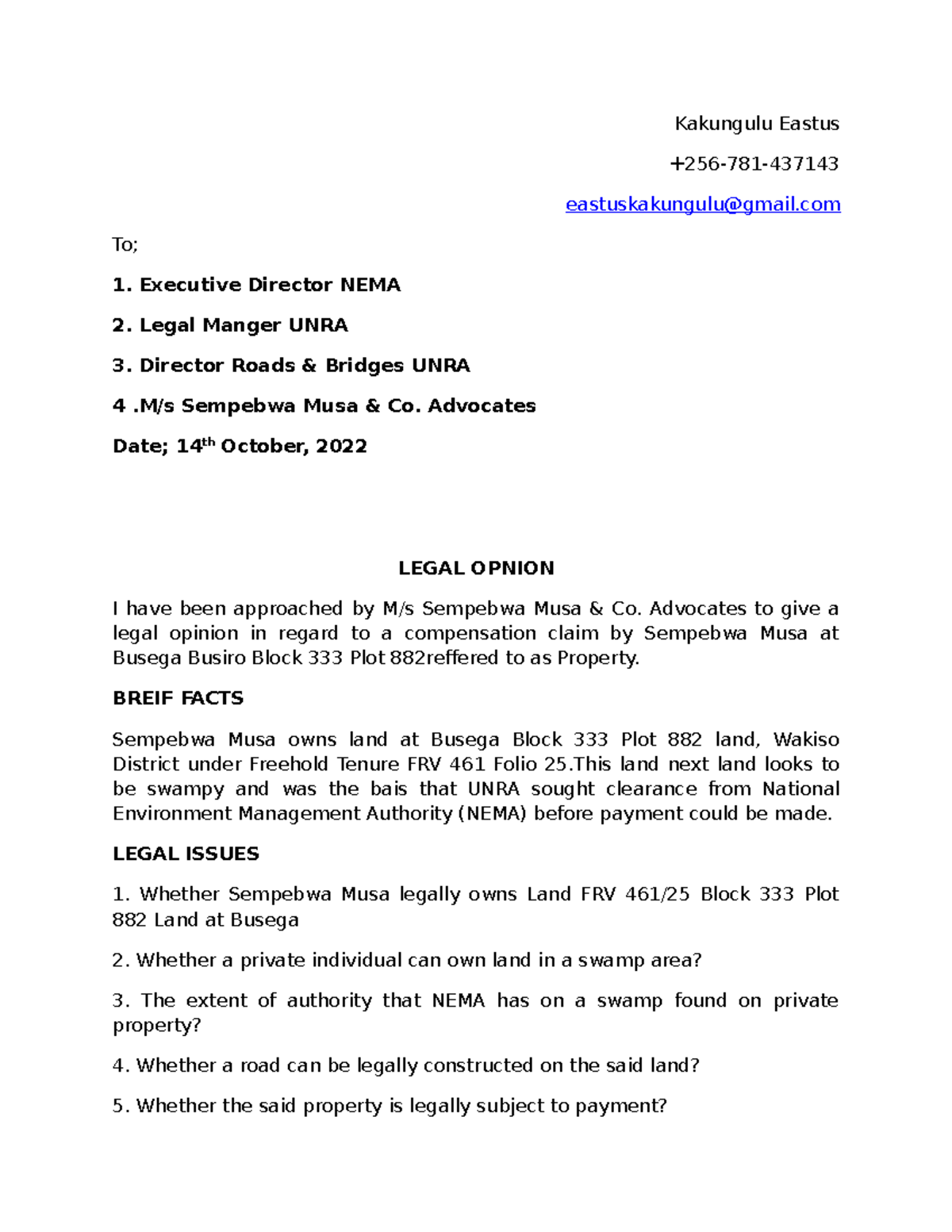 land law Legal Opnion NEMA - Bachelor of Law - Studocu