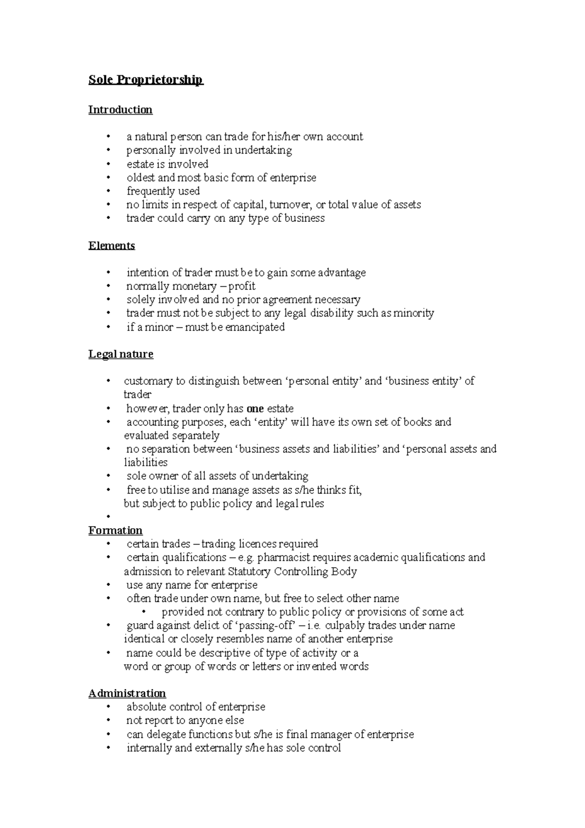 Sole Proprietorship - Summary Relating to Sole Prop. - Sole ...