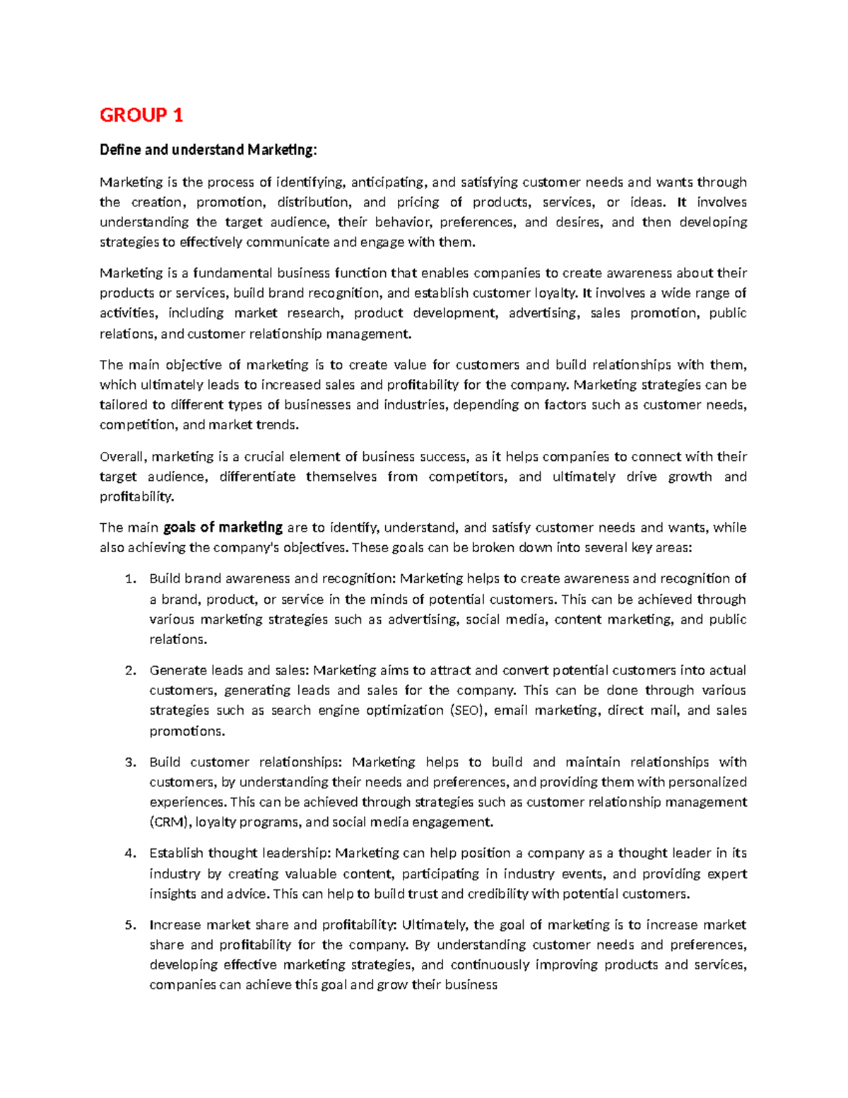 Lesson 1 Marketing - GROUP 1 Define and understand Marketing: Marketing ...