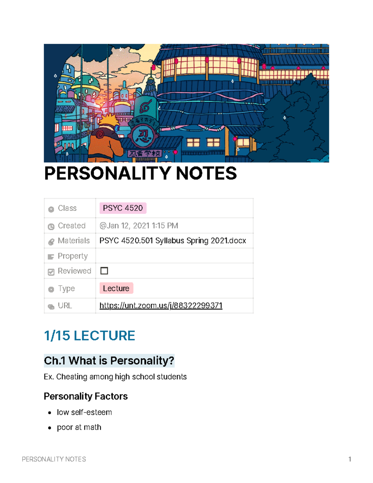 Personality Notes - PERSONALITY NOTES Class PSYC 4520 Created Materials ...