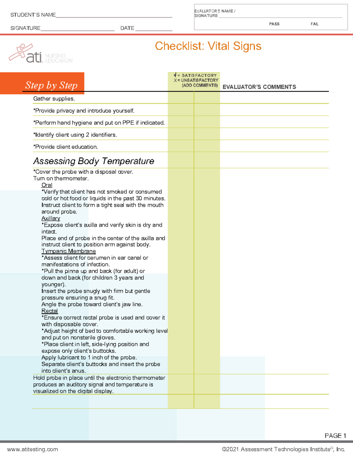 Vital Signs - PAGE 1 STUDENT’S NAME SIGNATURE DATE Checklist: Vital ...