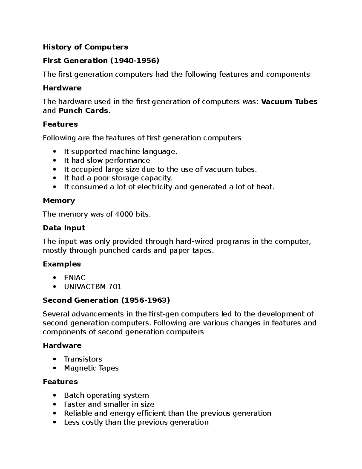 History of Computers - History of Computers First Generation (1940-1956 ...