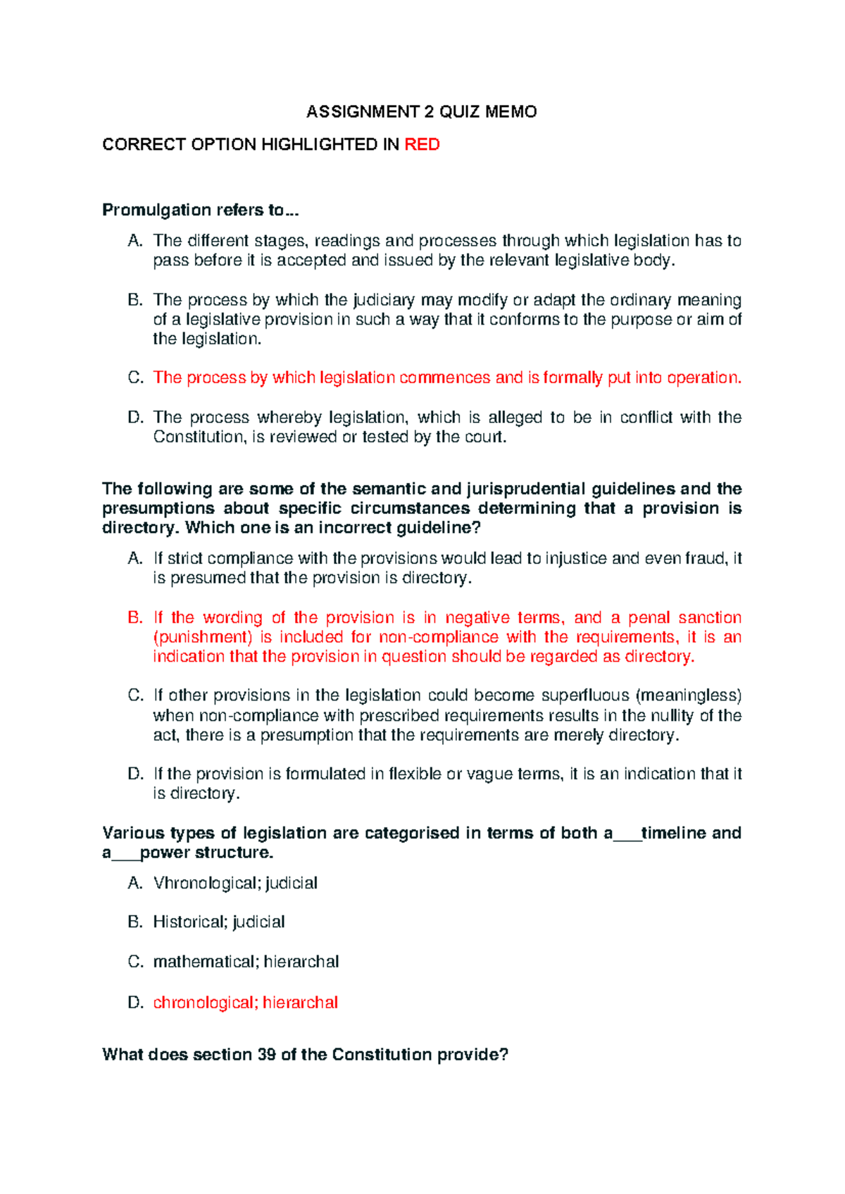 Memo Assignment 2 Quiz 5fac7e7dc609653877 d252d4c7d1434d - ASSIGNMENT 2 QUIZ MEMO CORRECT OPTION ...