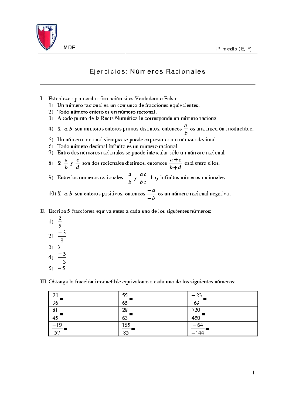 Ejercicios Números Racionales - Establezca para cada afirmación si es ...
