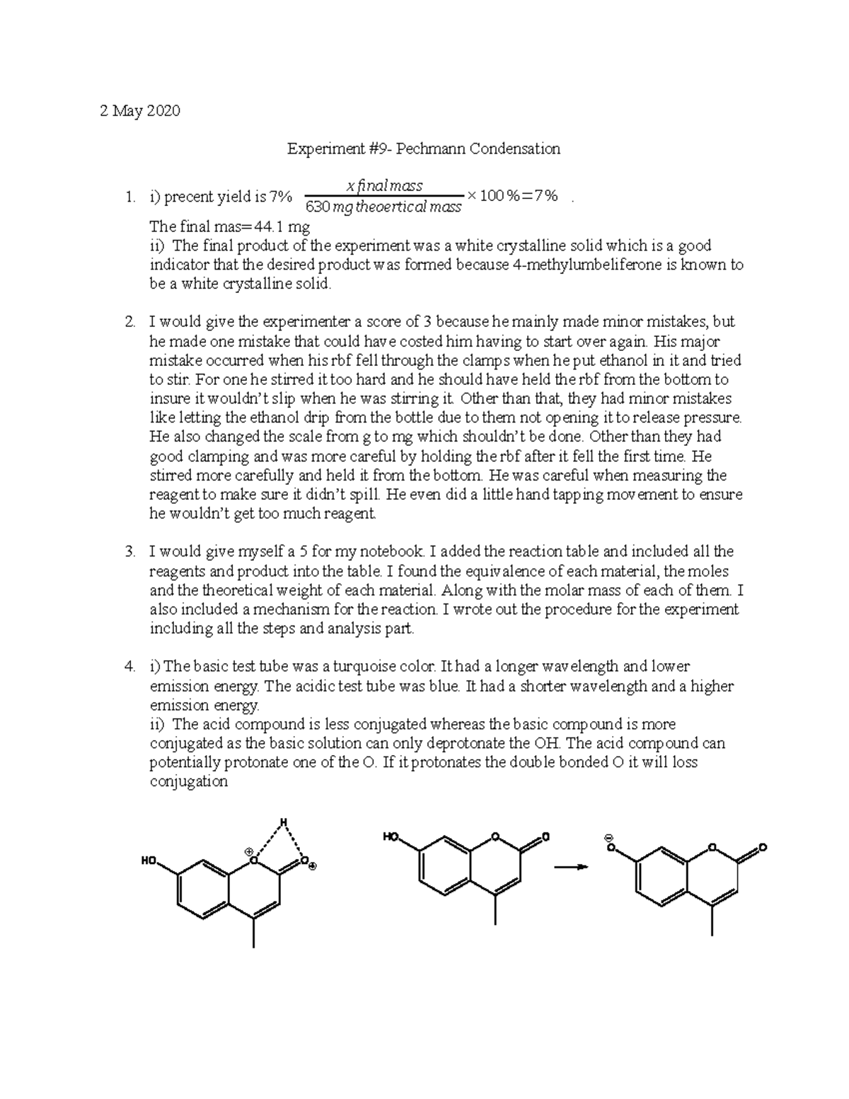 Experiment #9- Pechmann Condensation - 2 May 2020 Experiment #9 ...