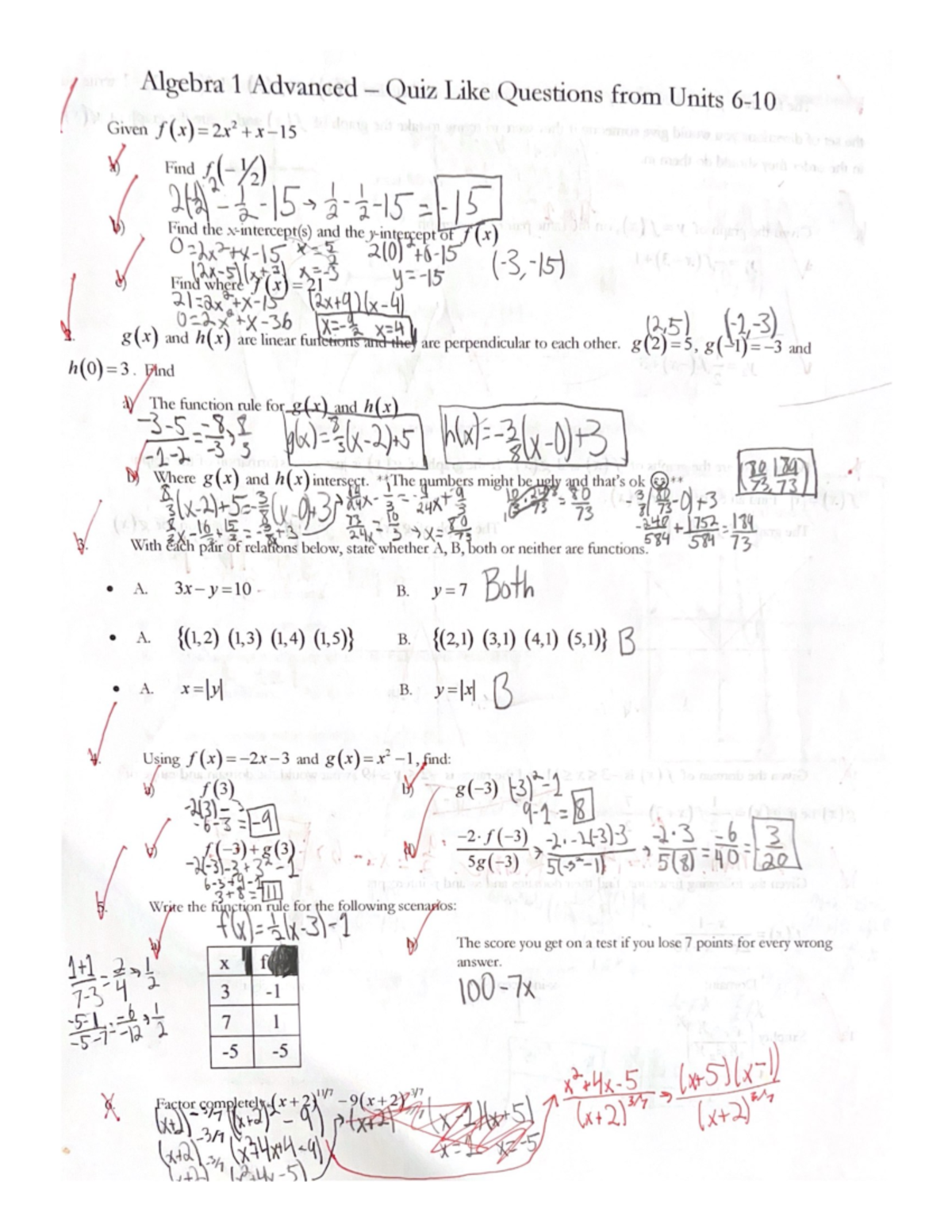 Algebra 1 Advanced - Quiz Like Questions from Units 6-10 - and (25 ...