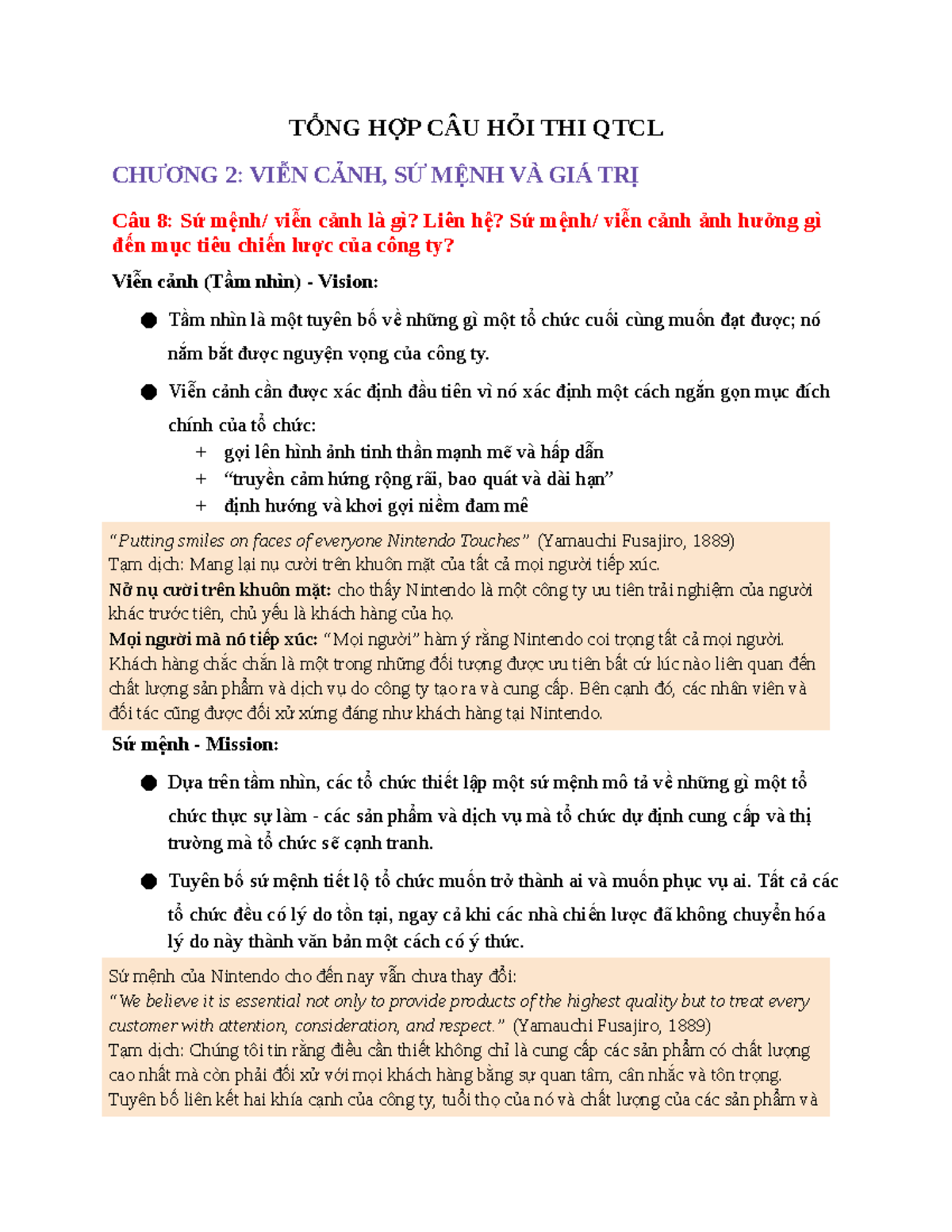 THI LÝ THUYẾT - T ỔNG H ỢP CÂU H ỎI THI QTCL CH ƯƠNG 2: VI ỄN C ẢNH, S Ứ M ỆNH VÀ GIÁ TR Ị Câu 8 ...