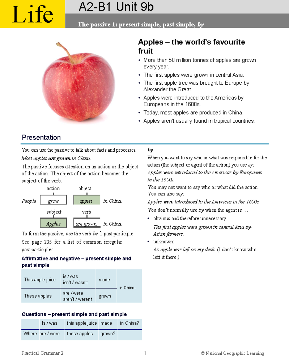 A2B1-Unit-9b - tahp1 - Life A2-B1 Unit 9b The passive 1: present simple, past simple, by Apples ...