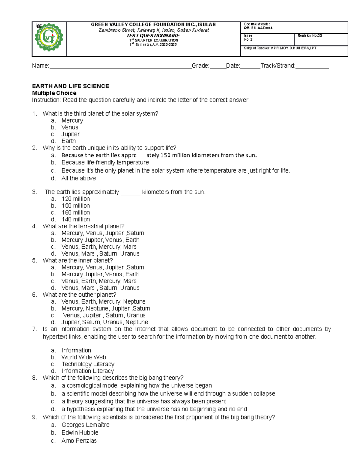 Earth and LIFE- Science Grade 11 - igg GREEN VALLEY COLLEGE FOUNDATION ...