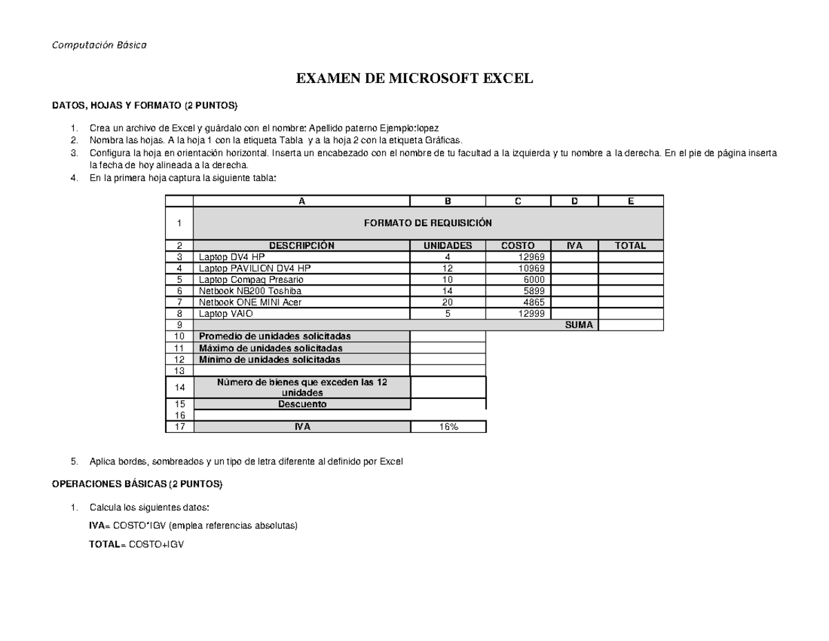 Examen de Microsoft Excel - Computación Básica EXAMEN DE MICROSOFT EXCEL DATOS, HOJAS Y FORMATO ...